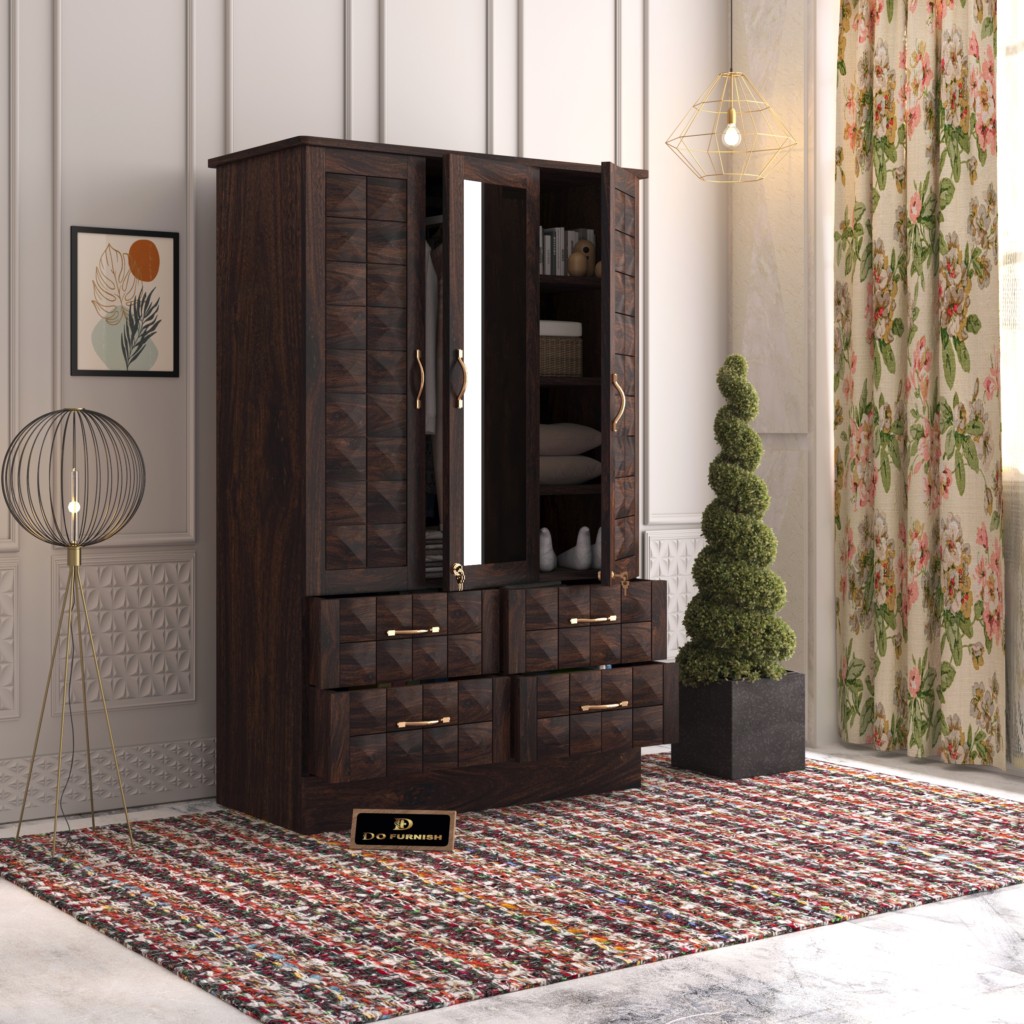 Diamond Wardrobe 3 Door ( Walnut Finish )_ Sheesham Wood - Dofurnish